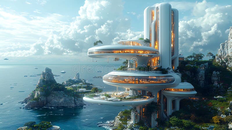 Futuristic Sci Fi Skyscraper with Hovering Platforms in Sleek Cityscape ...