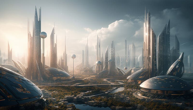 Sci-Fi Cityscape with Alien Life AI Generative Stock Photo - Image of ...