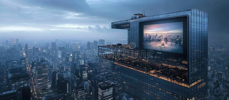 Futuristic Skyscraper with Large Outdoor Screen Displaying a City ...