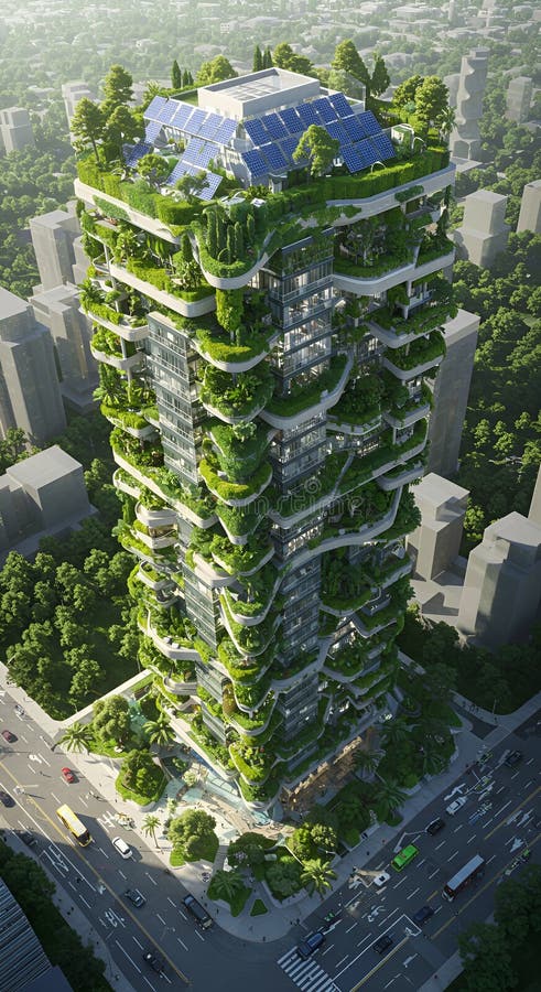 A Futuristic Smart Skyscraper Covered in Vertical Gardens, Solar Panels ...