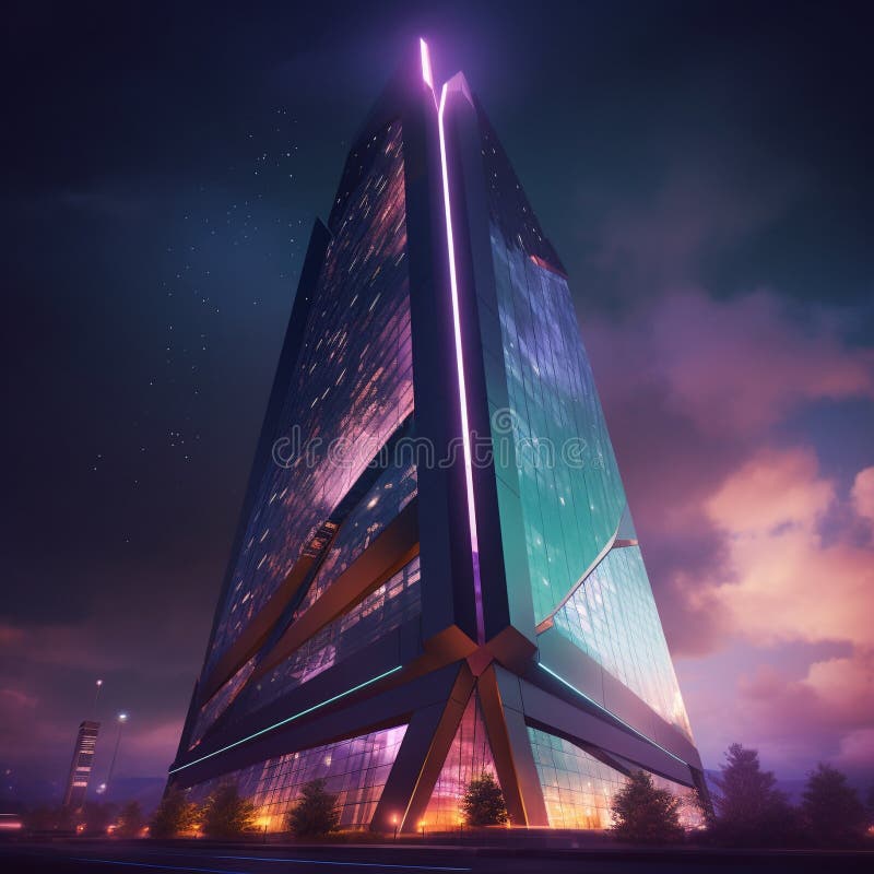 Futuristic Skyscraper with Neon Lights Stock Illustration ...
