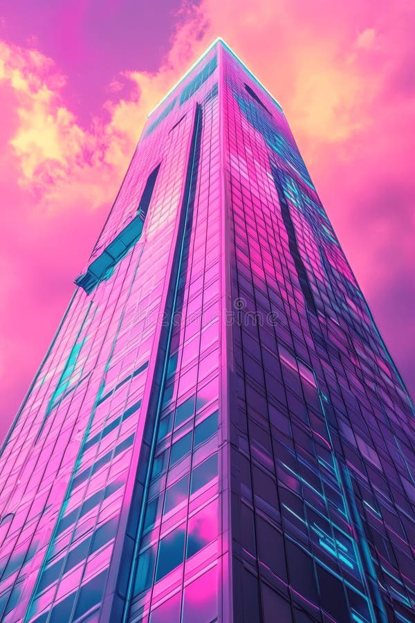 Futuristic Skyscraper with Neon Pink and Blue Lighting Stock ...