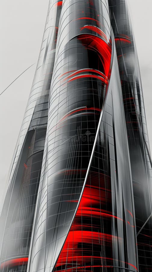 Futuristic Skyscraper with Sleek, Twisted Architecture and Red Lights ...