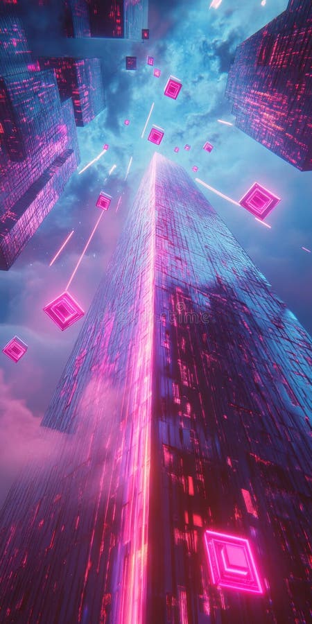 Futuristic Skyscraper in a Surreal Setting with Floating Neon Cubes ...