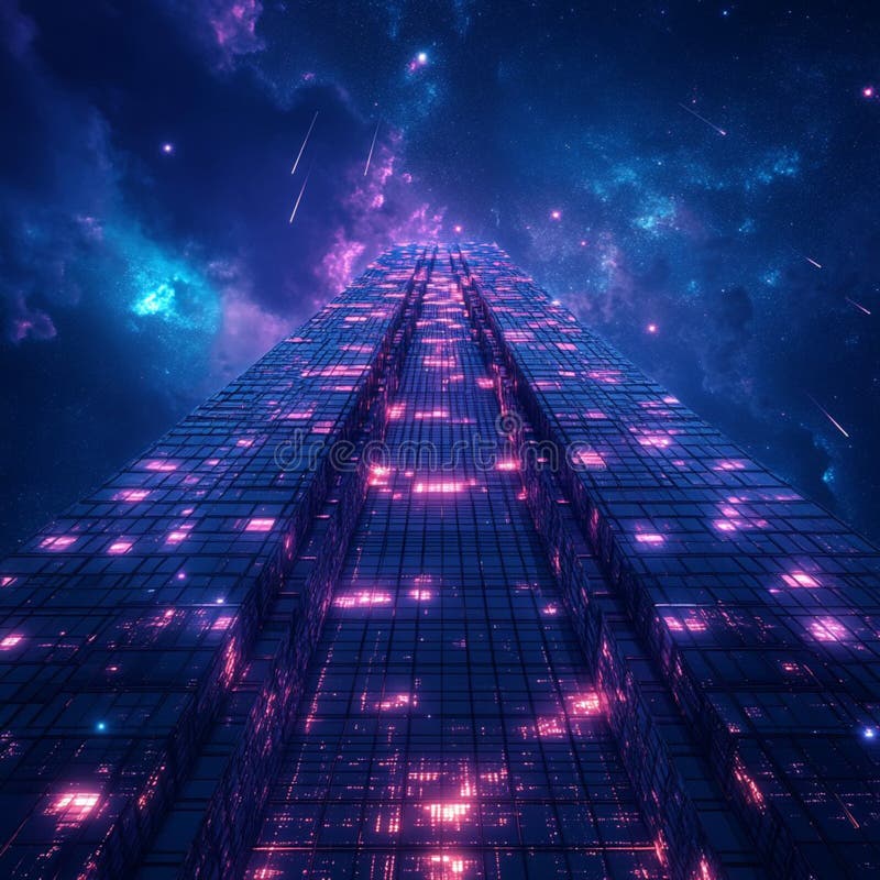 Futuristic Skyscraper Surrounded by Cosmic Nebula and Starry Sky ...