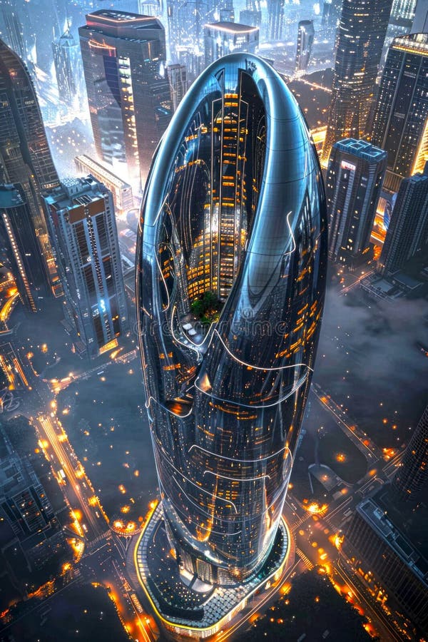 Futuristic Skyscraper in a Vibrant Cityscape at Night. Aerial View. Modern Architecture. Sci-fi ...