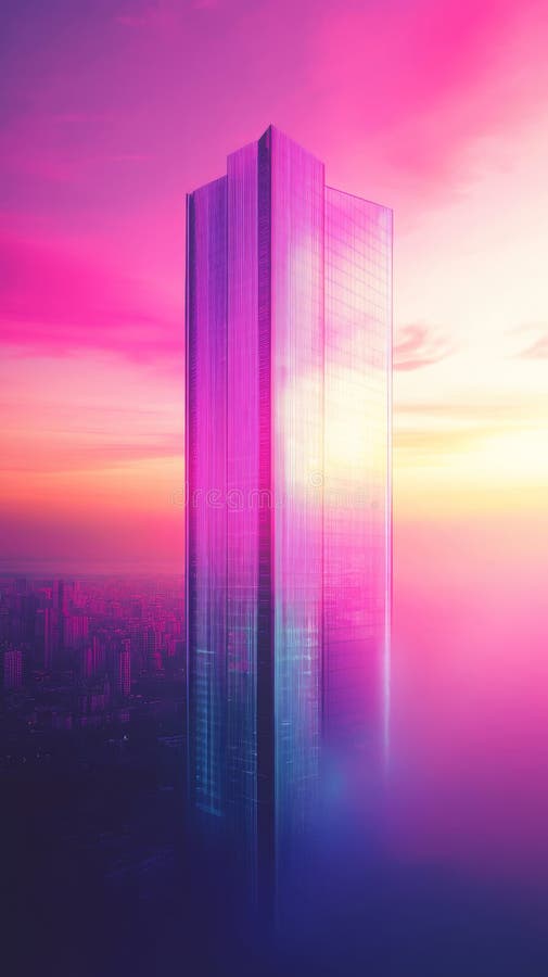 Futuristic Skyscraper in Vibrant Pink and Purple Sunset with Cityscape ...