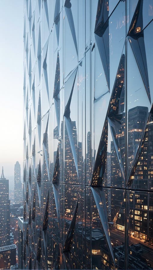 Futuristic Skyscraper Windows Reflecting Urban Skyline in Fragmented ...