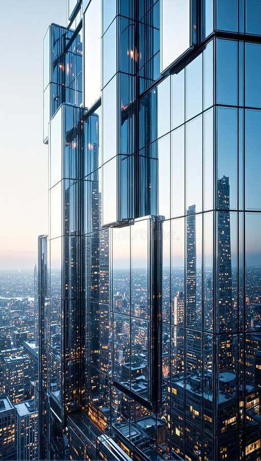 Futuristic Skyscraper Windows Reflecting Urban Skyline in Fragmented ...
