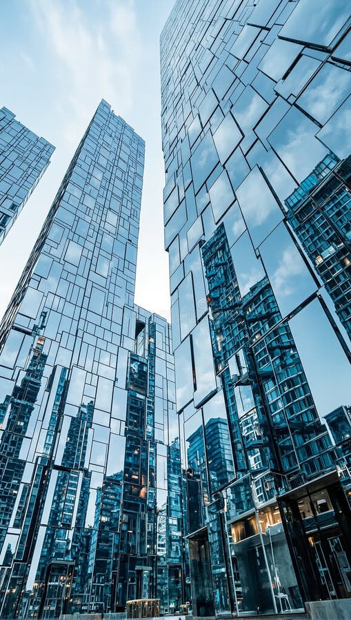 Futuristic Skyscraper Windows Reflecting Urban Skyline in Fragmented ...