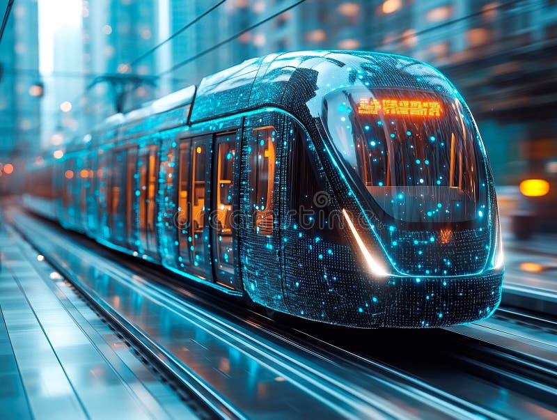 A Futuristic, Sleek, and High-tech Train in Motion on Elevated Tracks ...