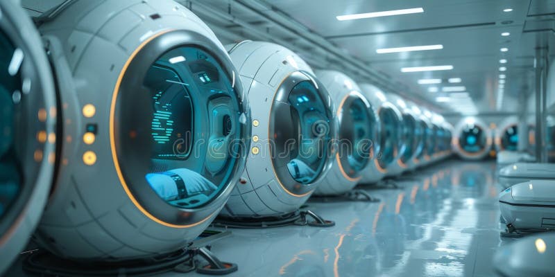 Futuristic Sleep Pods in a High-tech, Sterile Environment, Lined Up ...