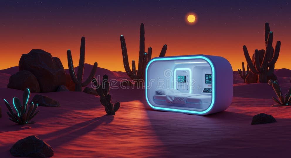 Futuristic Sleeping Pod in Desert Landscape at Sunset Stock Image ...