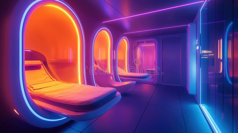 Futuristic Sleeping Pod Design with Vibrant Neon Lights Creating a ...