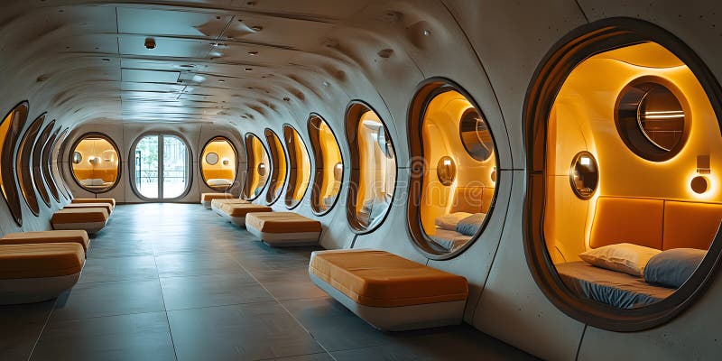 Futuristic Sleeping Pods Line the Walls of a Modern Capsule Hotel Space ...