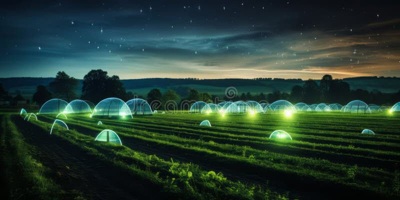 Futuristic Smart Agriculture Nighttime View of a Farm with Digital Grid ...