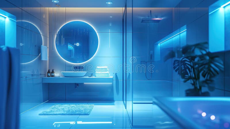 Futuristic Smart Bathroom Interior with Blue Lighting Stock ...