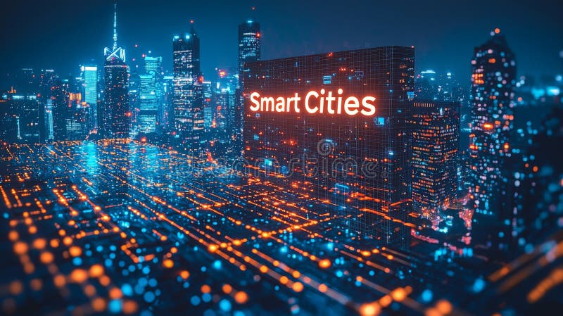 Futuristic Smart Cities Concept with a Glowing Grid and Skyline Stock ...