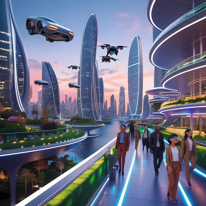 Futuristic Smart City with AI-Directed Traffic Stock Illustration ...