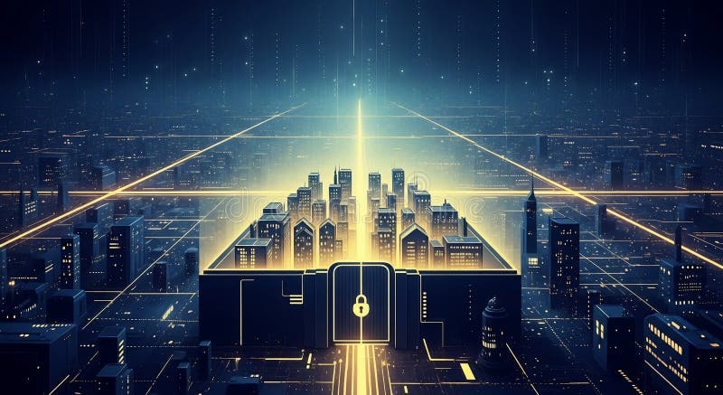 Futuristic Smart City Landscape with Glowing Networks and a Prominent Padlock, Representing ...