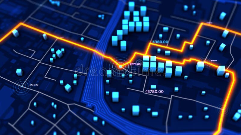 Futuristic Smart City Map Visualization and Tracking Route Stock Illustration - Illustration of ...