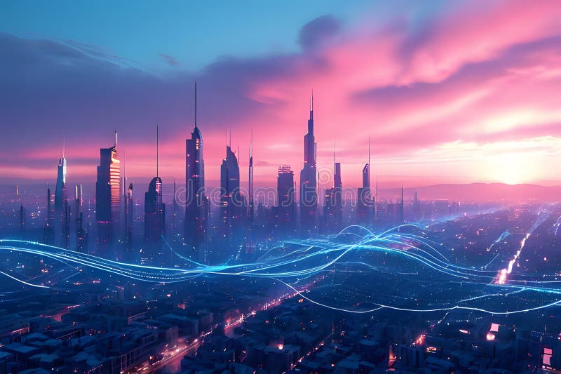 Futuristic Smart at Night with Illuminated Digital Network Grid and ...