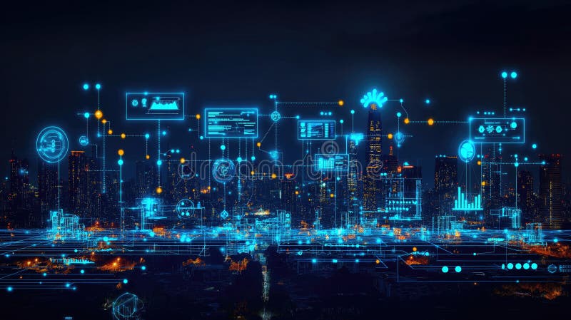 Futuristic Smart City Skyline with Digital Interface at Night Stock ...