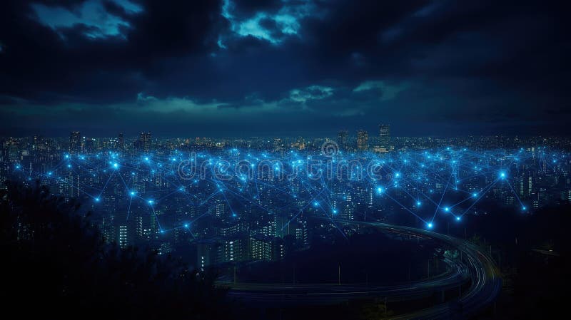 Futuristic Smart City Skyline with Digital Network Lights at Night ...
