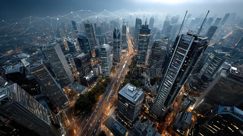 Futuristic Smart City Skyline with Network Connections at Dusk Stock ...