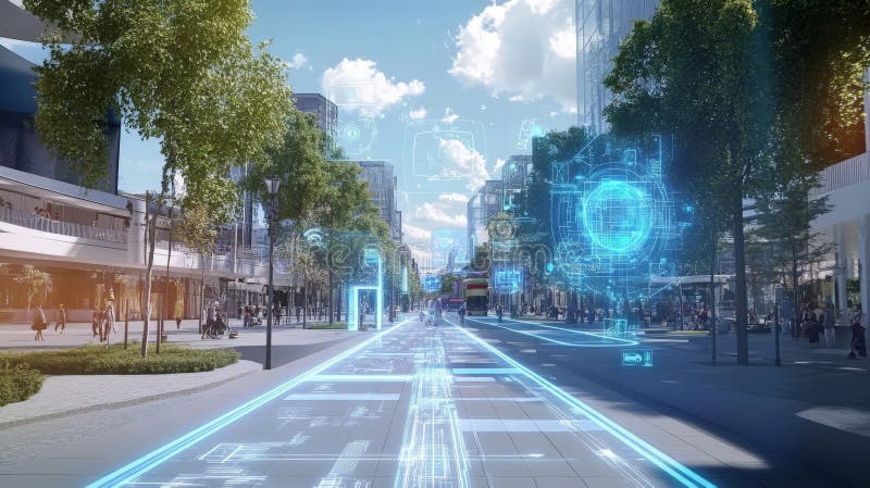 Futuristic Smart City Street with Digital Technology and Augmented ...
