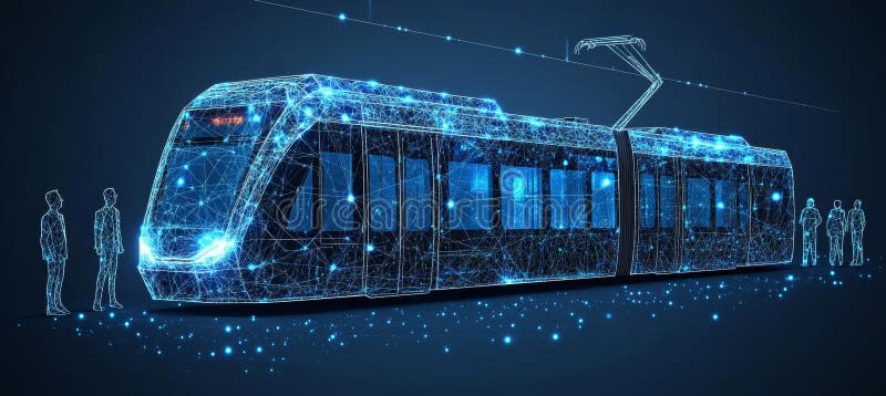 Futuristic Smart City Transportation Digital Tram Icon on Blue ...