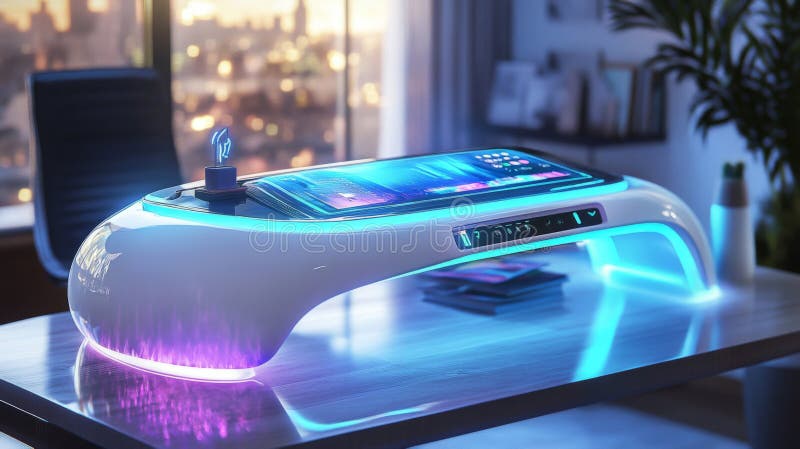 Futuristic Smart Desk with Neon Lights and Interactive Display Stock ...