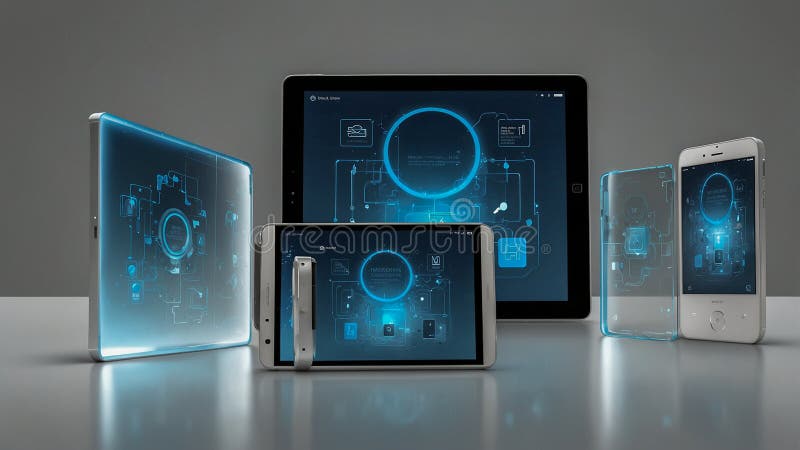 Futuristic Smart Devices with Holographic UI Stock Illustration ...
