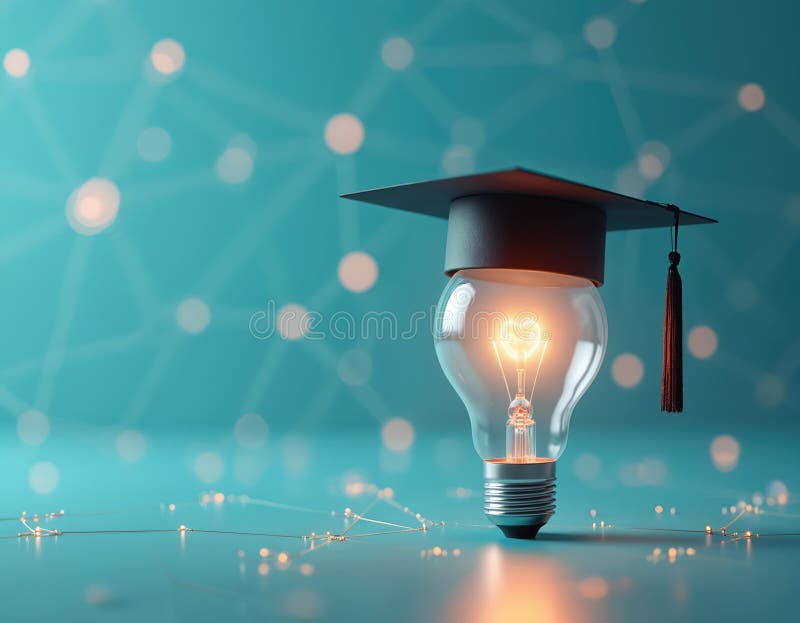 Futuristic Smart Education Concept. Light Bulb with Bachelor Cap on ...