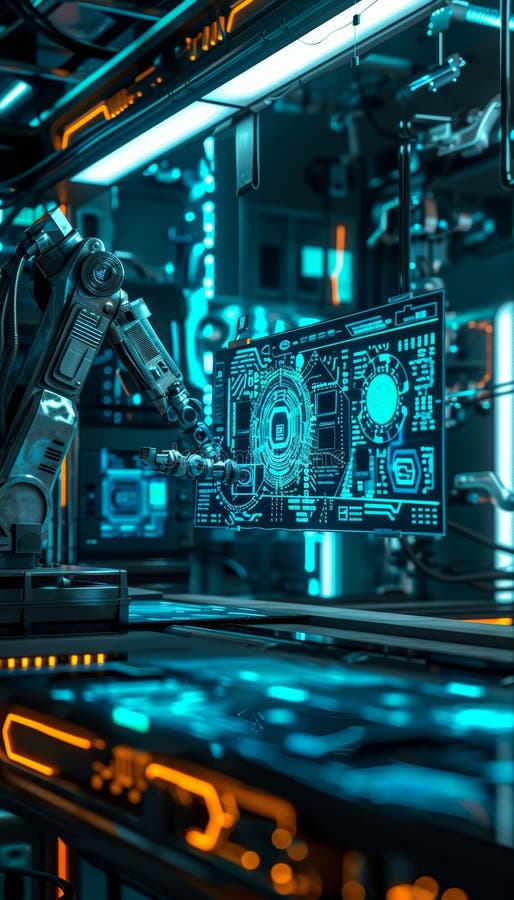 Futuristic Smart Factory Robotic Arms and Holographic Interfaces in ... Futuristic Smart Factory Robotic Arms and Holographic Interfaces in ...
