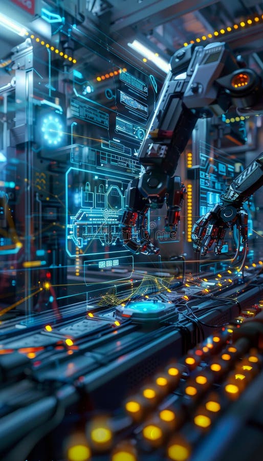 Futuristic Smart Factory Robotic Arms and Holographic Interfaces in ... Futuristic Smart Factory Robotic Arms and Holographic Interfaces in ...