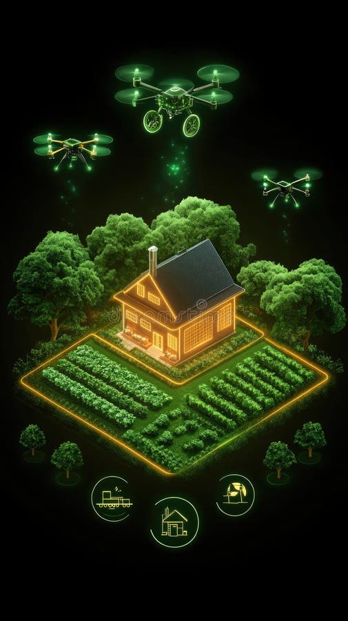 Futuristic Smart Farm with Drones and Technology Icons in a Lush Forest ...