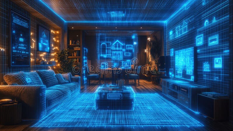 Futuristic Smart Home Concept with Ai Integration in Wireframe Hologram ...
