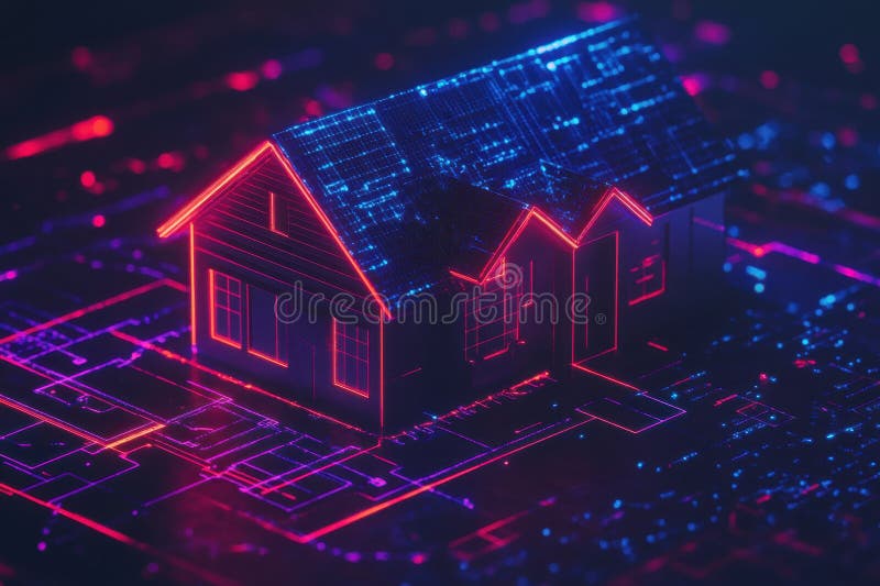 Futuristic Smart Home Concept in Neon Digital Landscape: Tech and ...