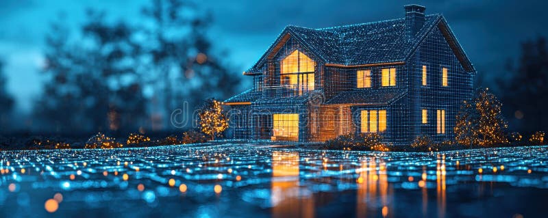 Futuristic Smart Home Illuminated with Digital Light Grid at Night ...