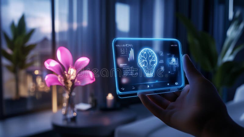 Futuristic Smart Home Interface in Cozy Ambient Interior Stock ...