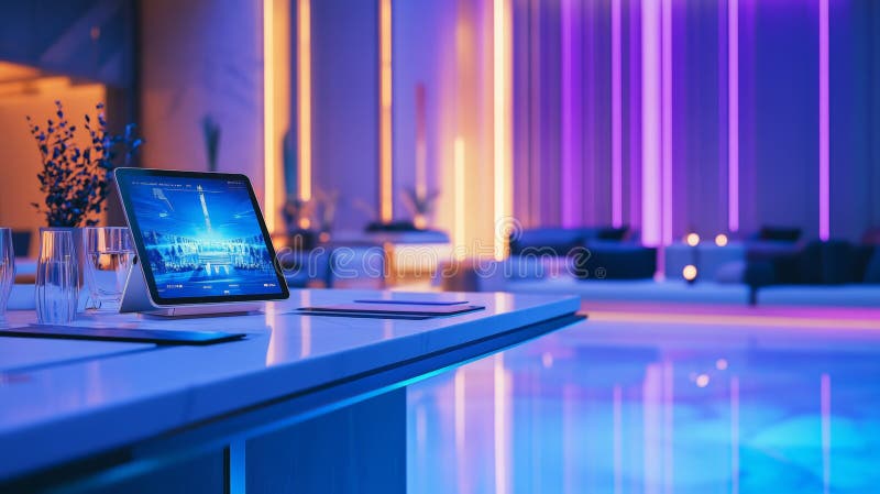 Futuristic Smart Home Interior with Ambient Lighting and Tablet Control ...