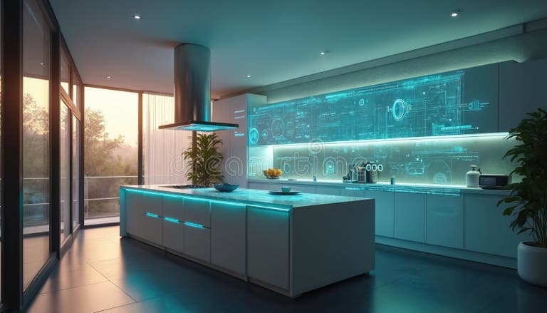 Futuristic Smart Home Kitchen Design with Interactive Interface. Interior with Smart Appliances ...
