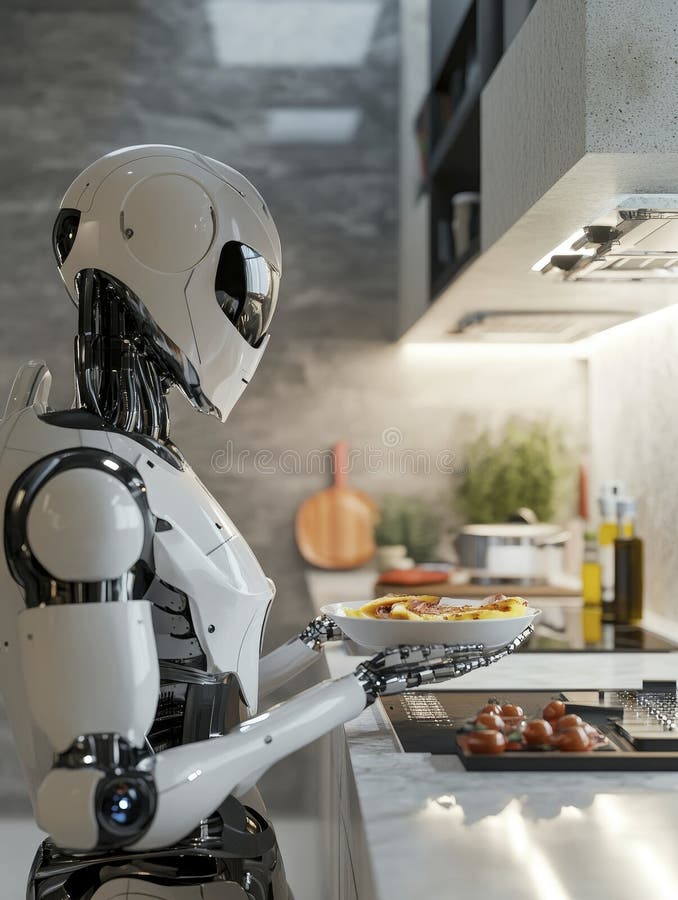 Futuristic Smart Home Kitchen, with a Humanoid Robot Chef Preparing a ...
