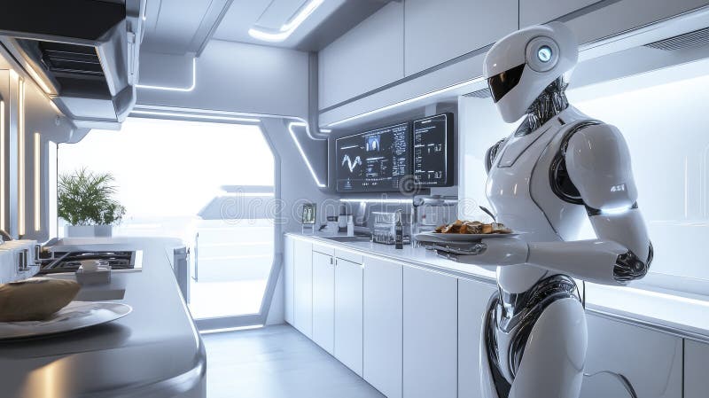 Futuristic Smart Home Kitchen, with a Humanoid Robot Chef Preparing a ...