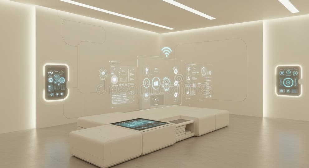 Futuristic Smart Home Living Room with Interactive Digital Interfaces ...
