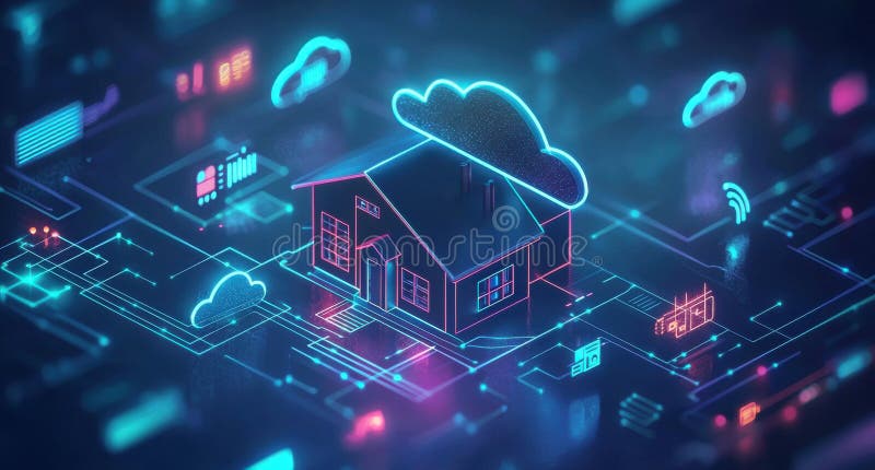 Futuristic Smart Home Network with Cloud Computing Concept Stock Image - Image of connection ...