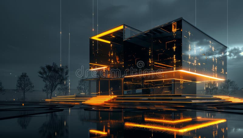 Futuristic Smart House on Glossy Reflective Water Surface Stock Photo ...