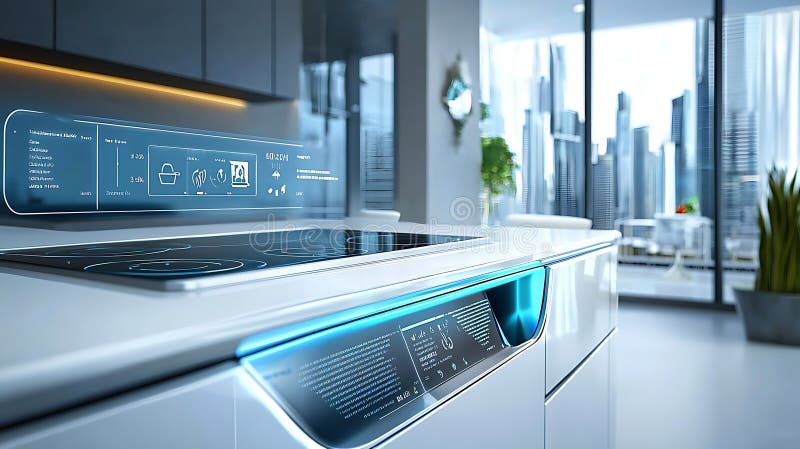 Futuristic Smart Kitchen with Digital Interface and City View Stock ...