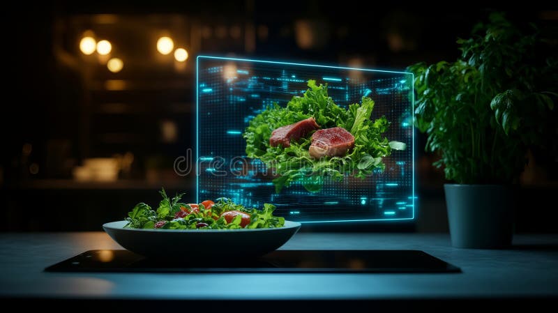 Futuristic Smart Kitchen Featuring Holographic Display of Fresh ...